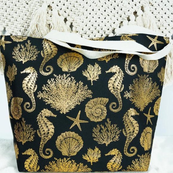 Styline | Bags | Black Canvas Sea Life Nautical Print Tote Bag Purse ...